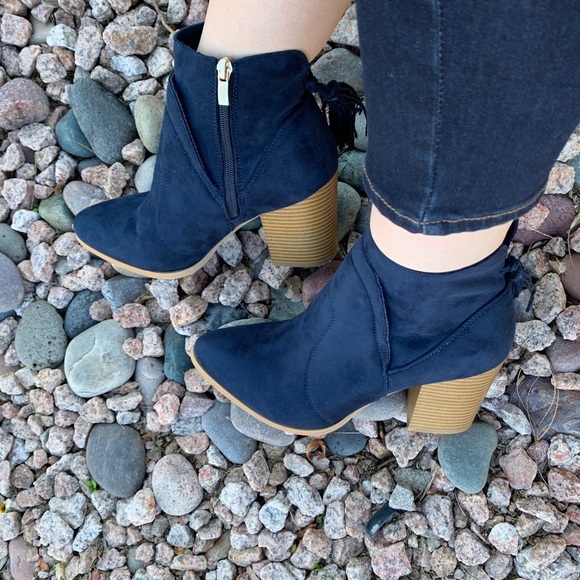 Shoes | Navy Blue Stacked Heel Vegan Leather Bootie | Poshmark